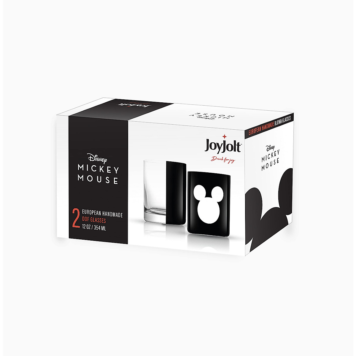 JoyJolt Disney Luxury Mickey Mouse Double Old Fashioned Whiskey Glasses. 2x European Crystal Bar Glasses. Premium Xmas Disney Stuff, Gifts and Cups. 12oz Black Drinking Glasses, Disney Tumbler