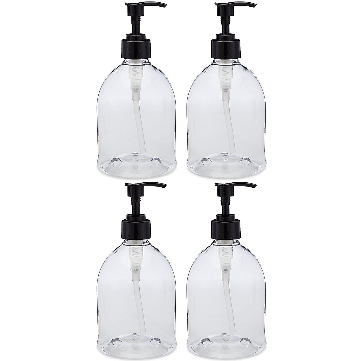 (4 Pack with Patented Screw-On Funnel) Earth's Essentials Versatile 16 Ounce PET Plastic Refillable Designer Pump Bottles. Excellent Liquid Hand Soap, Lotion, Shampoo and Massage Oil Dispensers