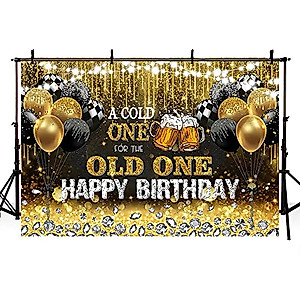 AIBIIN 7x5ft Happy Birthday Backdrop for Men A Cold One for The Old One Black and Gold Glitter Balloon Photography Background 30th 40th 50th Bday Beer Party Decoration Banner Photo Shoot Studio Props