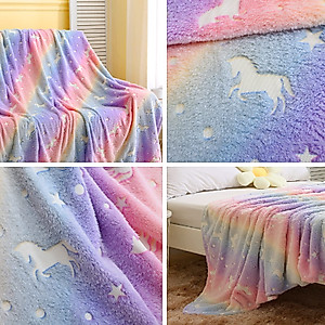 Unicorn Glow in The Dark Blanket Unicorns Gifts for Girls 60"x50" Luminous Rainbow Pink Unicorn Blanket Valentine Easter Christmas Birthday Gifts for Girls 1-12 Year Old Baby Toddler Kid Magic Blanket
