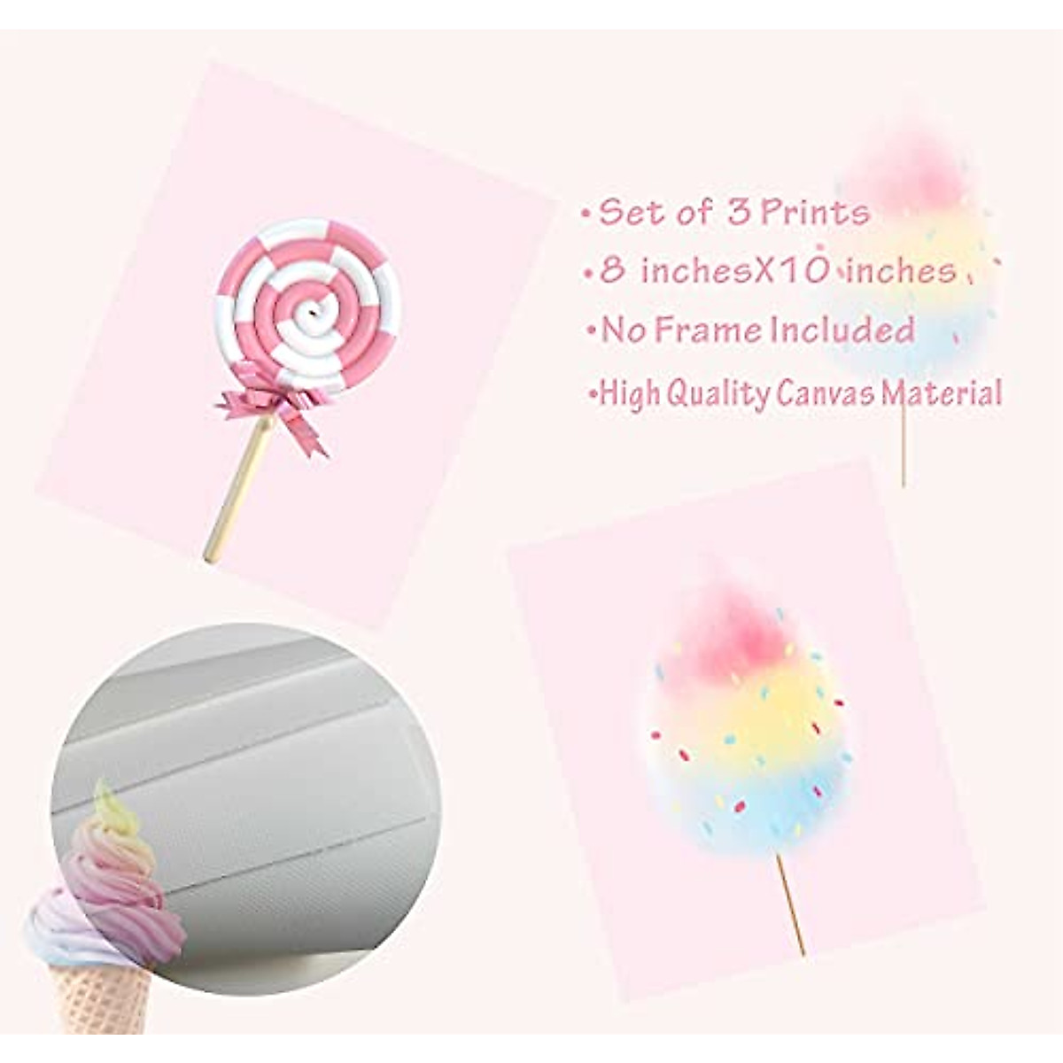 Barri Design Candy Poster Rainbow Ice Cream Cotton Candy Wall Art Decor Girls Bedroom Wall Decor Modern Art Pink Poster Kids Room Decor(UNFRAMED)