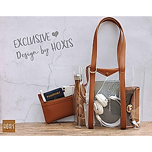 Clear Tote with Vegan Leather Pouch Women Weekender PVC Handbag Shopper Work Bag (Brown)