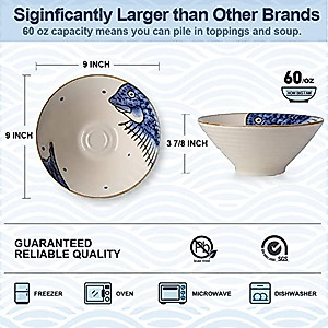 NJCHARMS Ceramic Japanese Ramen Noodle Soup Bowl, 2 Sets (6 Piece) 60 Ounce Ramen Bowls, with Spoons and Chopsticks for Udon, Pho, Asian Noodles, Ramen Noodles Bowl, Blue