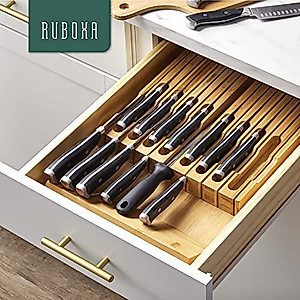 High-Grade 100% Bamboo Knife Drawer Organizer - 16 Knife Slots Plus a Sharpener Slot, Knife Organizer for Kitchen Organization, Durable, Secured, Practical, Eco-Friendly, Knife Block without Knives.