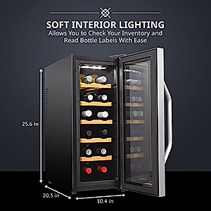 Ivation 12 Bottle Thermoelectric Wine Cooler/Chiller - Stainless Steel - Counter Top Red & White Wine Cellar w/Digital Temperature, Freestanding Refrigerator Smoked Glass Door Quiet Operation Fridge