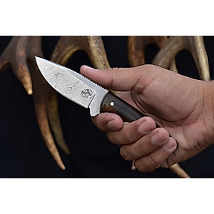 Knives Ranch Fixed Blade EDC Knife with Horizontal Carry Sheath – Small Hunting Knife – Damascus Skinning Knife – Cowboy Knife with Leather Sheath Stabilized Rosewood Handle (4402-IRW)