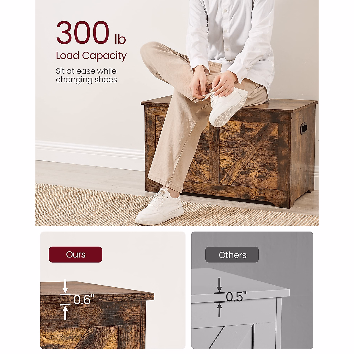 VASAGLE Storage Chest, Storage Trunk with 2 Safety Hinges, Storage Bench, Shoe Bench, Farmhouse Style, 15.7 x 31.5 x 18.1 Inches, for Entryway, Bedroom, Living Room, Rustic Brown ULSB062T01