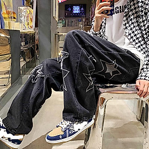 Vintage Men's Korean Denim Pants Y2K Cltohes Streetwear Printed Patchwork Male Baggy Jeans Straight Trousers (Black,2XL,XX-Large)
