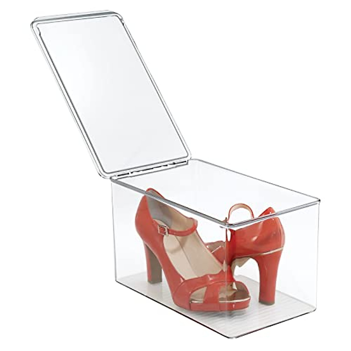 mDesign Stackable Plastic Closet Storage Container Bin Box with Hinge Lid for Organizing Shoes, Booties, Pumps, Sandals, Wedges, Flats, Heels - Lumiere Collection - 6 Pack - Clear