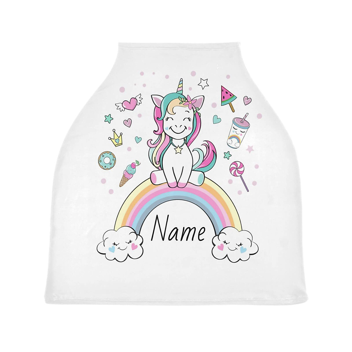 Custom Personalise Cute Unicorn Rainbow Baby Car Seat Covers Donut Ice Cream Carseat Canopy Soft Infant Stroller Cover Nursing Breastfeeding Covers for Girls Boys Newborn Fit Summer Spring Autumn