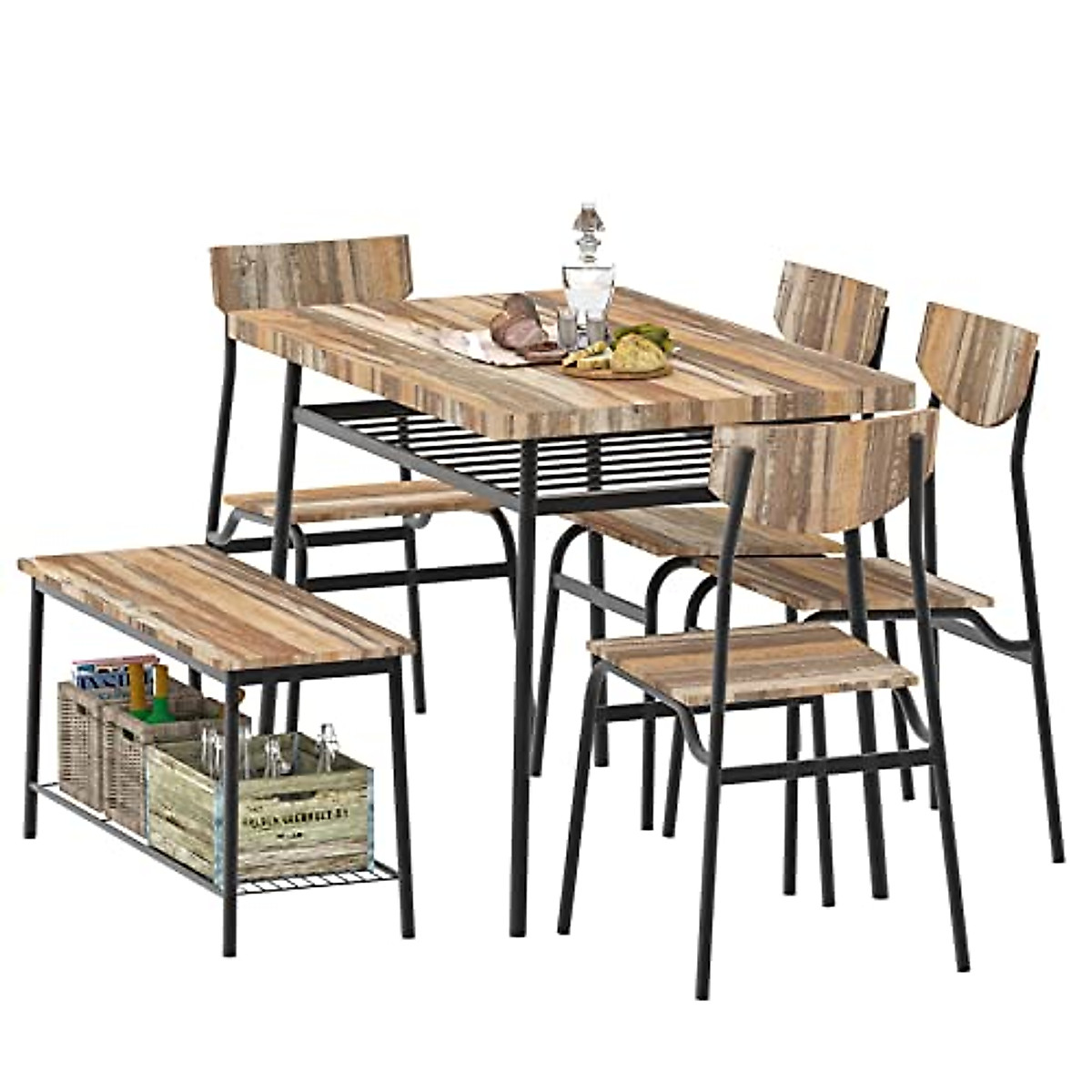 STHOUYN 6 Piece Dinning Table Set for 6, Rectangular Kitchen Table and Chairs Set, Bench, Industrial Metal Frame & Storage Rack, Dining Room, Dinette, Breakfast Nook Small Space (Brown (6 Piece))