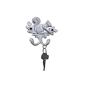 HANDCRAFTED NAUTICAL DÉCOR Whitewashed Cast Iron Squirrel with Acorn Decorative Double Metal Wall Hooks 8"