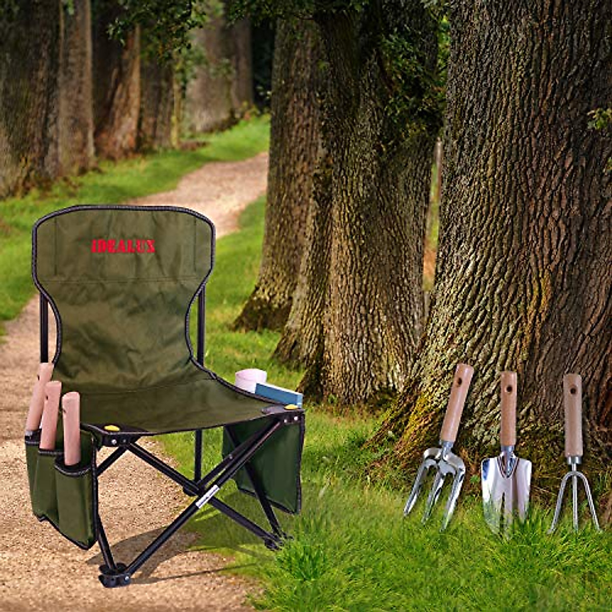IDEALUX Garden Tools Set, Gardening Outdoor Folding Camping Chairs with Garden Tool Bag, 3 Steel Garden Tools, Gardening Seats Gardening Chair Seniors with Garden Folding Stool Lawn Chair（Army Green）
