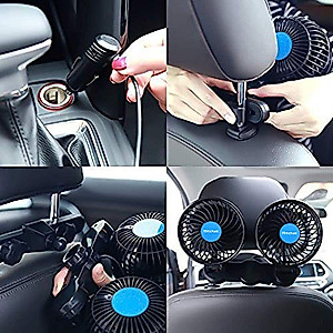 QIFUN Electric Car Fans for Rear Seat Passenger Portable Car Seat Fan, 4 Inches 12V Headrest 360° Rotatable Backseat Car Cooling Air Fan with Cigarette Lighter Plug for Vehicles, SUV, RV, Boat