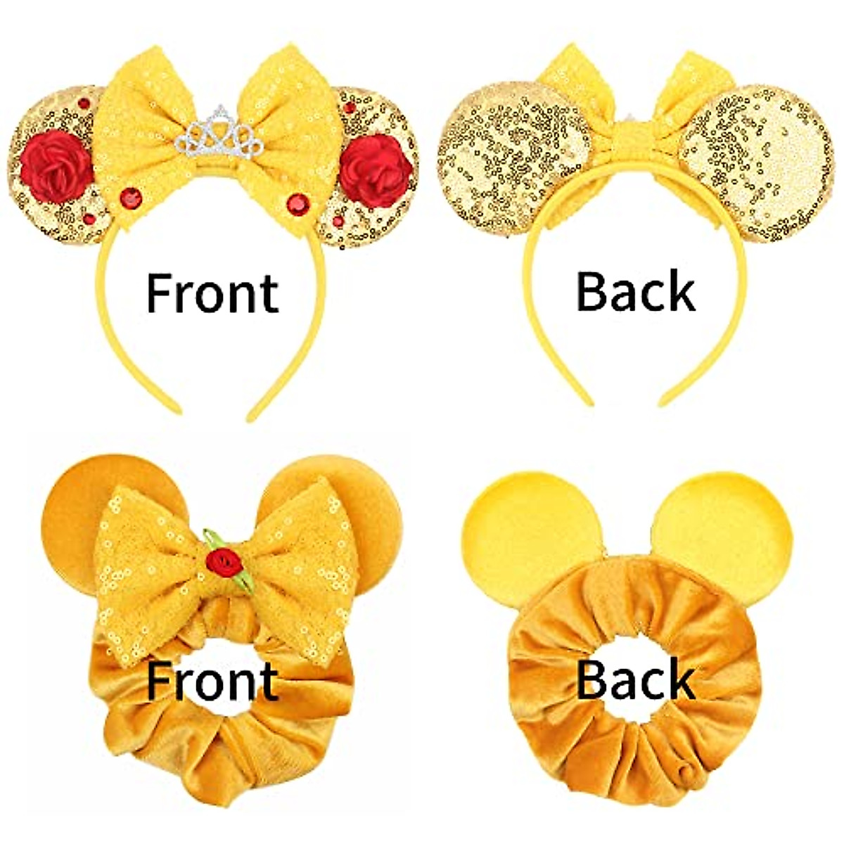 zhezesmila Beauty Mouse Ears Headband Classic Mouse Head band & Belle Ears Mouse Ears Scrunchies Rose Bow for Women, Girls, Princess Dress Accessories, Party,Cosplay Costume for Adults