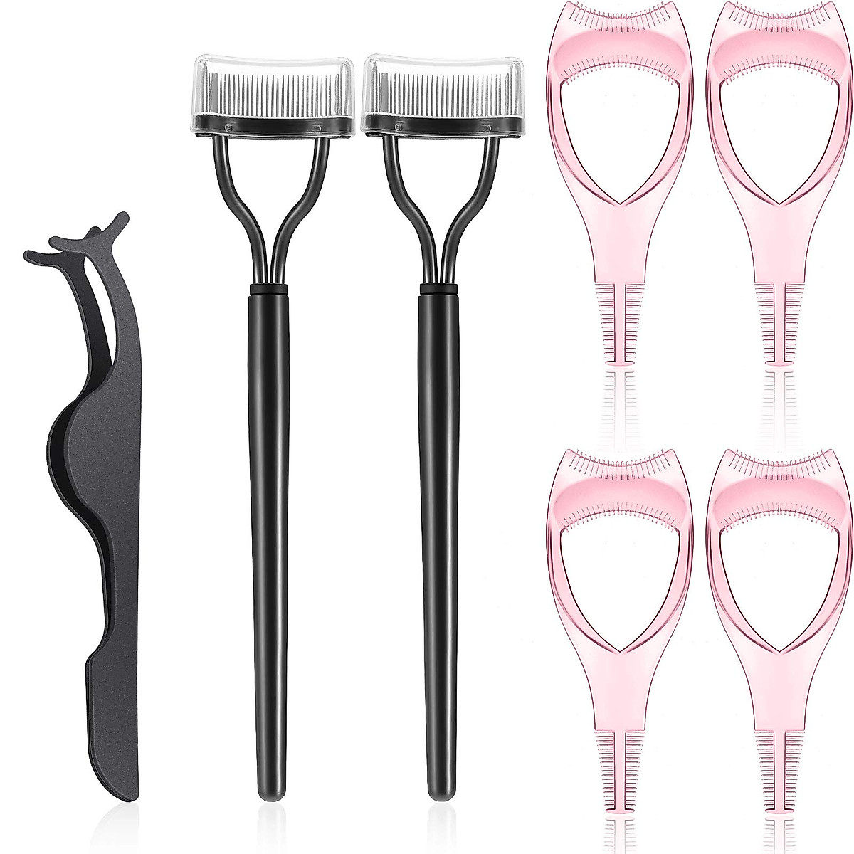 Patelai 7 Pcs Eyelash Makeup Tool 3 in 1Mascara Shield Guard Mascara Shield Applicator Guard Lash Separator Eyelash Comb Extension Tweezers for Women Makeup(Black, Pink)