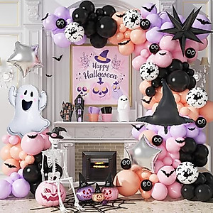 Jobkoo Halloween Balloon Garland Arch Kit, Black Purple Pink Halloween Baby Shower Latex Balloons with 3D Bat Ghost Witch Mylar Foil Balloons Set for Happy Halloween Birthday Decoration Indoor Outdoor