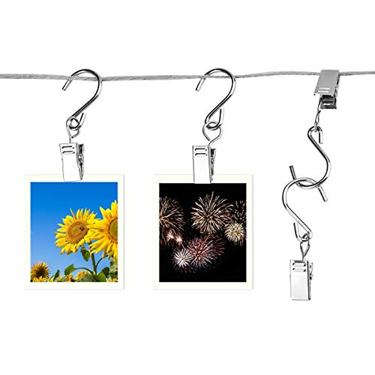 50 PCS S Hooks Curtain Clips Stainless Steel S Hooks Clip Lamp Hook Silver Metal Hanging Clips Hooks for Home Decoration, Outdoor Party Hanging Wire Holder Art Craft Display