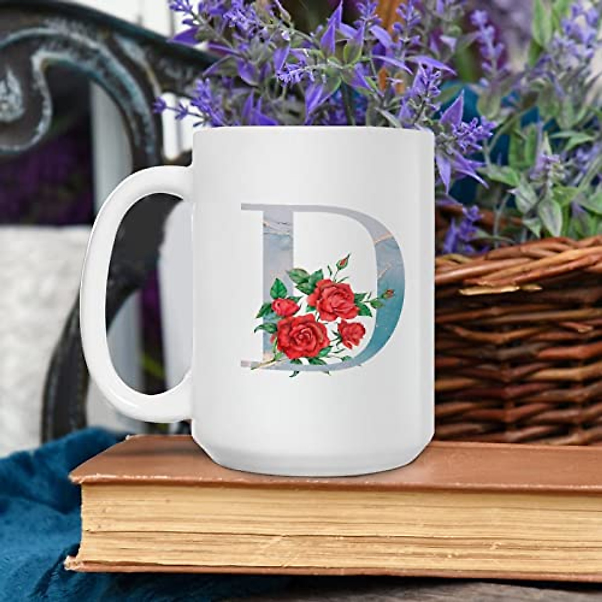 Monogram Letter D Coffee Mug Watercolor Blue Letter Rose Flower Funny Coffee Mugs Alphabet Letters Drinking Cups Drinking Cups with Handle Retirement Gifts For Mom Dad Grandma Grandpa Women Men 15oz