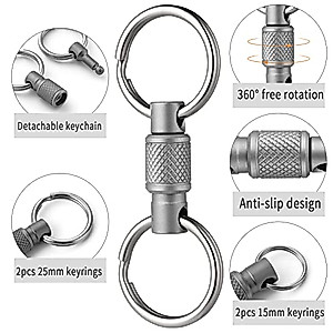 FEGVE Titanium Quick Release Swivel Keychain, Pull Apart Detachable Keychain Heavy Duty Car Key Holder with 4 Stainless Steel Key Rings