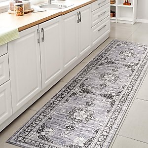 JONATHAN Y WSH201A-28 Bausch Bohemian Distressed Chenille Machine-Washable Runner Rug, Classic, Mediterranean, Rustic for Living Room, Dining Room, Bedroom, Kitchen, Gray/White, 2 X 8