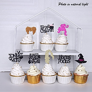 32 PCS Hocus Pocus Cupcake Toppers Glitter Witch Hair Hat I Put A Spell on You I Smell Children Halloween Cupcake Picks for Halloween Hocus Pocus Theme Birthday Party Cake Decorations