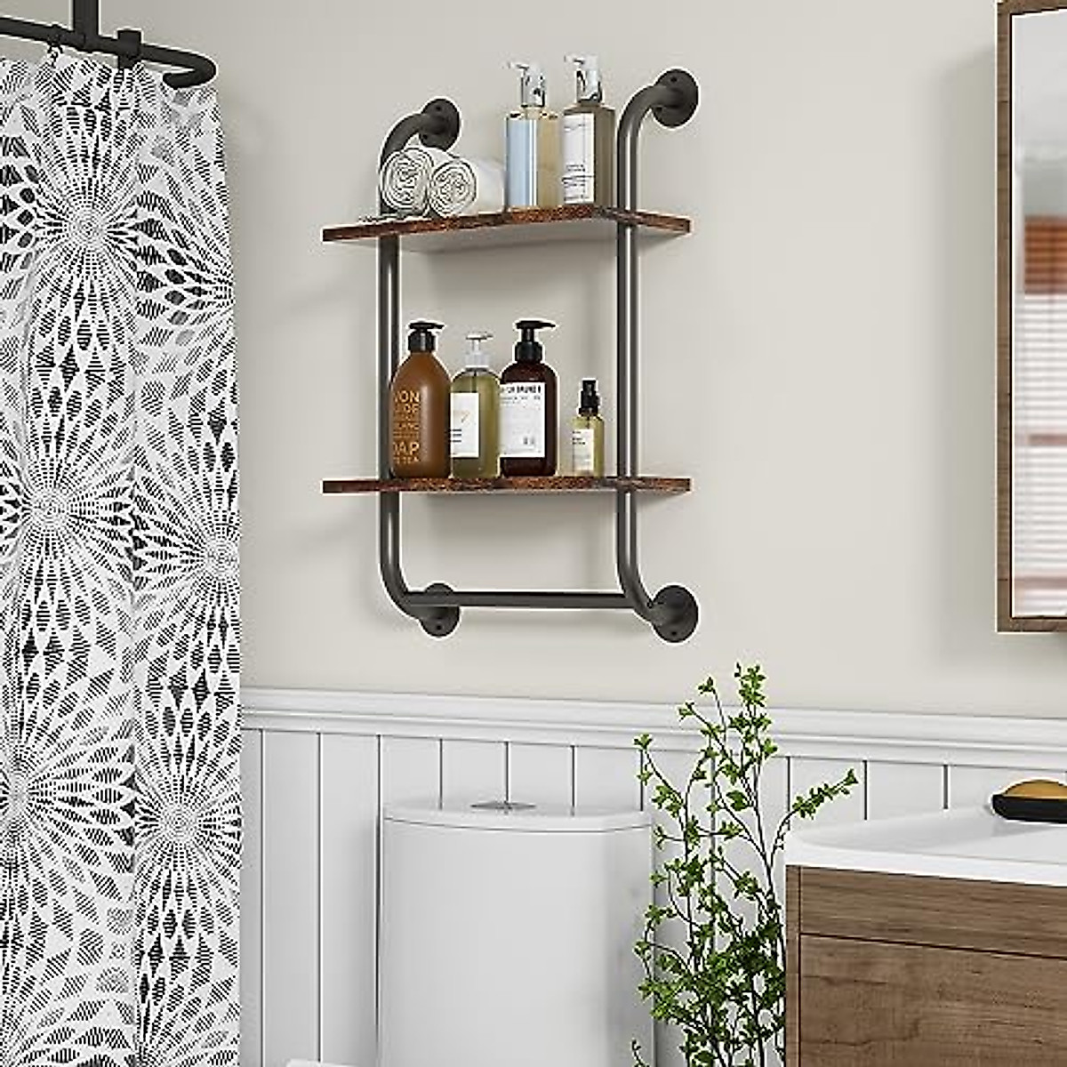 FLYJOE 2 Tier Bathroom Shelves with Towel Bar, Rustic Wall Mounted Industrial Pipe Shelving, Floating Shelves for Wall Decor & Storage for Bathroom Kitchen Living Room 23.6 x 16 Inch - Rustic Brown