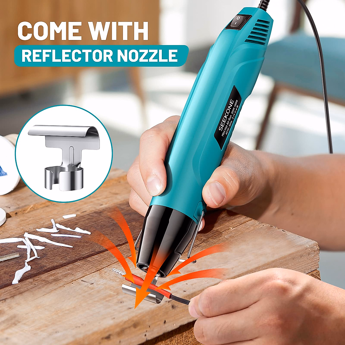 SEEKONE Handheld Heat Gun, 662℉ Portable Mini Hot Air Gun with 4.9Ft Long Cable, Overheat Protection and Fast Heating Reflector Nozzle for DIY, Craft Embossing, Shrink Wrapping, Electronics
