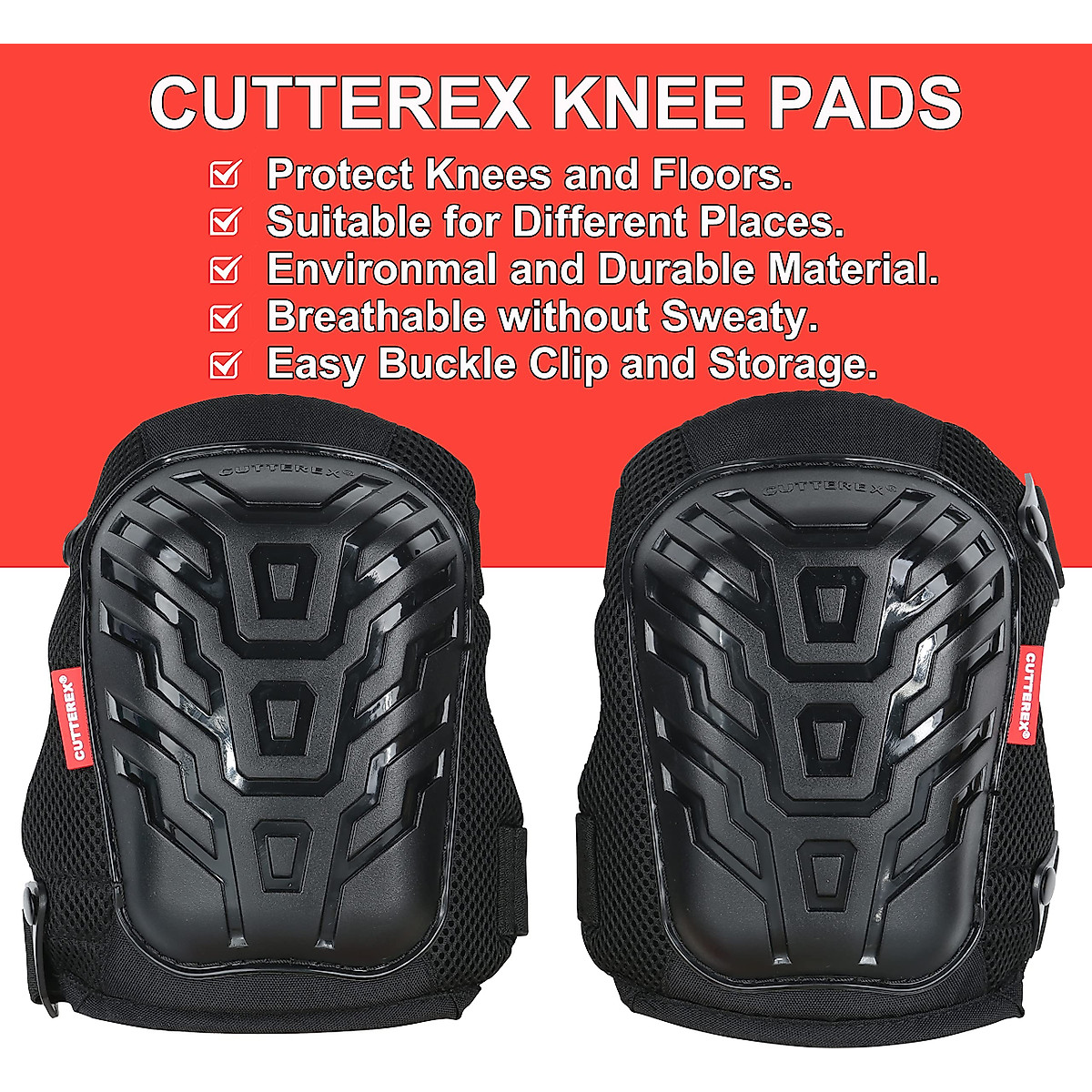 CUTTEREX FLAT Knee Pads for All Kneeling Works, Professional Knee Cushions, Heavy Duty and Protection Design Knee Pad for Flooring, Gardening, Comfortable and Durable, Anti-Skid and Adjustable Clips