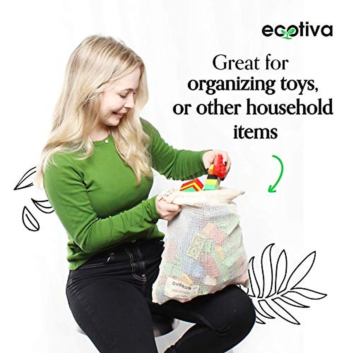 ecotiva Organic Reusable Produce Bags - Cotton Produce Bags - Cotton Mesh Produce Bags - Mesh Produce Bags Grocery Reusable - Mesh Bags For Produce