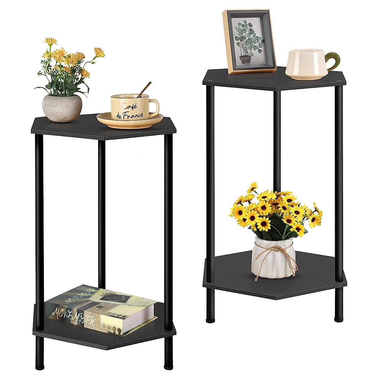 SEHERTIWY Bamboo Side Table Set of 2, Hexagon Nightstands for Bedrooms, Side Tables for Small Spaces, Modern Coffee Table, 2 Tiers Rustic Accent Tables for Bedroom