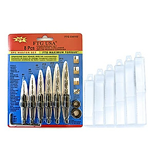 FTG USA Wood Countersink Drill Bit Set 6 Sizes Set Countersink HSS M2 Tapered Drill Bits, Quick Change Hex Shank Countersink bit, with 6 Storage Containers, 2 Stop Collars, 1 Allen Wrench