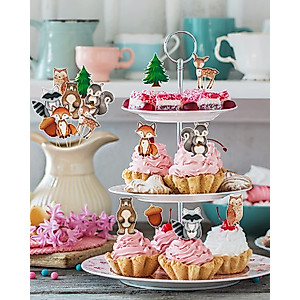 yuuzue 24pcs Woodland Animals Cake Topper, Baby Shower Decorations, Double-Sided Printed Forest Friends Centerpiece Sticks for Wild One Camping Party Supplies