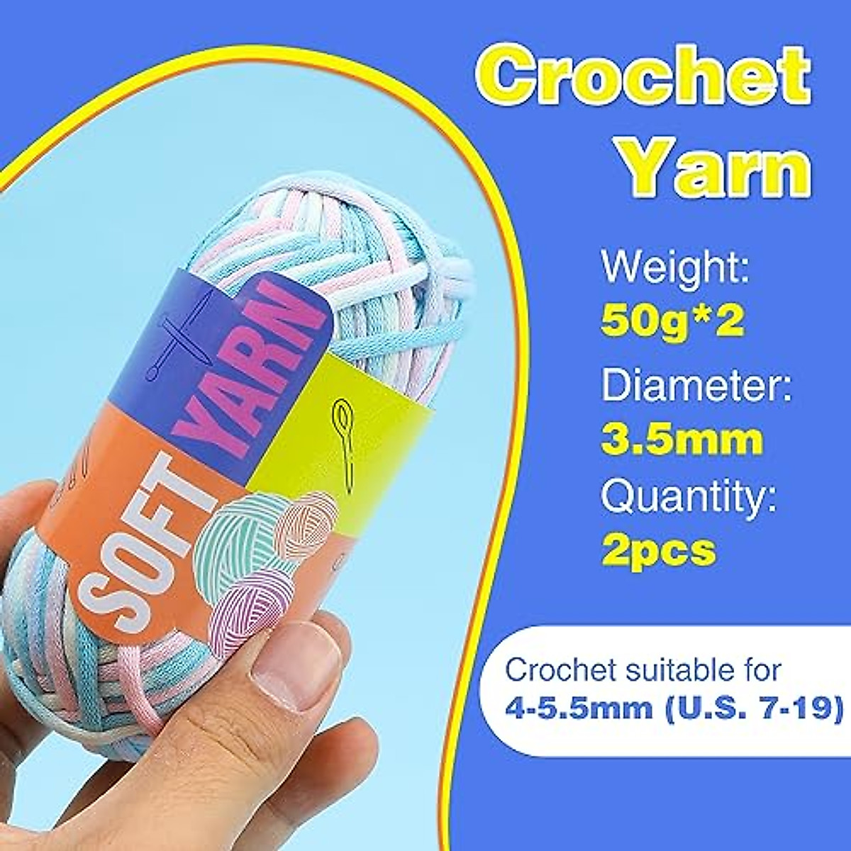 IMZAY 100g Yarn for Crocheting, Rainbow Color Cotton Yarn and Yarn for Beginners with Easy-to-See Stitches, Ergonomic Handle Hooks, Cotton Nylon Chunky Yarn for Crocheting and Knitting-Blue and Pink