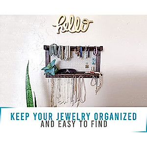 Rustic Jewelry Organizer – Wall Mounted Jewelry Holder with Removable Bracelet Rod, Shelf and 16 Hooks – Perfect Earrings, Necklaces and Bracelets Holder – Vintage Jewelry Display – Torched Brown