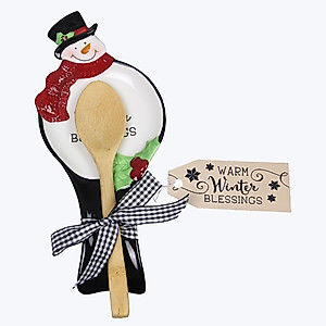 Young's Inc. Spoon Rest - Perfect for Stove Top and Kitchen Counter - Ceramic Holder - Can Hold Ladles, Spatulas, Tongs, and More - Stylish Snowman Design - Comes with Spoon - 9.65" x4.33" x1.18"