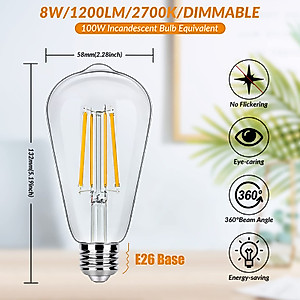 Dimmable Vintage LED Edison Light Bulbs 100W Equivalent, 8W ST58 Warm White 2700K 1200Lumens ST19 Antique LED Filament Bulbs, E26 Base, Clear Glass, CRI90+, Great for Home Bathroom Kitchen(4 Pack)
