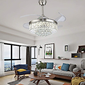 Gdrasuya10 Crystal Ceiling Fan Dimmable Chandelier with Lights and Remote Modern Invisible Retractable LED Fan for Living Room Bedroom Basement Kitchen Garage Decorations -Polished Chrome 42 Inches