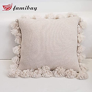 famibay Knitted Pillow Covers with Pompoms Tassel Boho Striped Cable Knit Throw Pillow Cases Decorative Pillow Cushion Cover Set for Home Sofa Couch Bed 18” x 18” Beige
