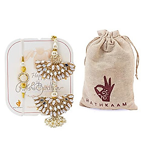 HATHKAAM Rakhi Lumba Set Designer Rakhi with Kundan Lumba for Brother Bhabhi Traditional Handmade Rakhi Lumba Set for Bhai Bhabhi Lumba Rakhi Set for Bhaiya Bhabhi Gift for Rakhsha Bandhan (HKRL017A)