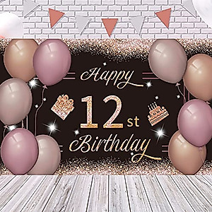 Happy 12st Birthday Backdrop Banner Black Pink 12th Sign Poster 12 Birthday Party Supplies for Anniversary Photo Booth Photography Background Birthday Party Decorations, 72.8 x 43.3 Inch