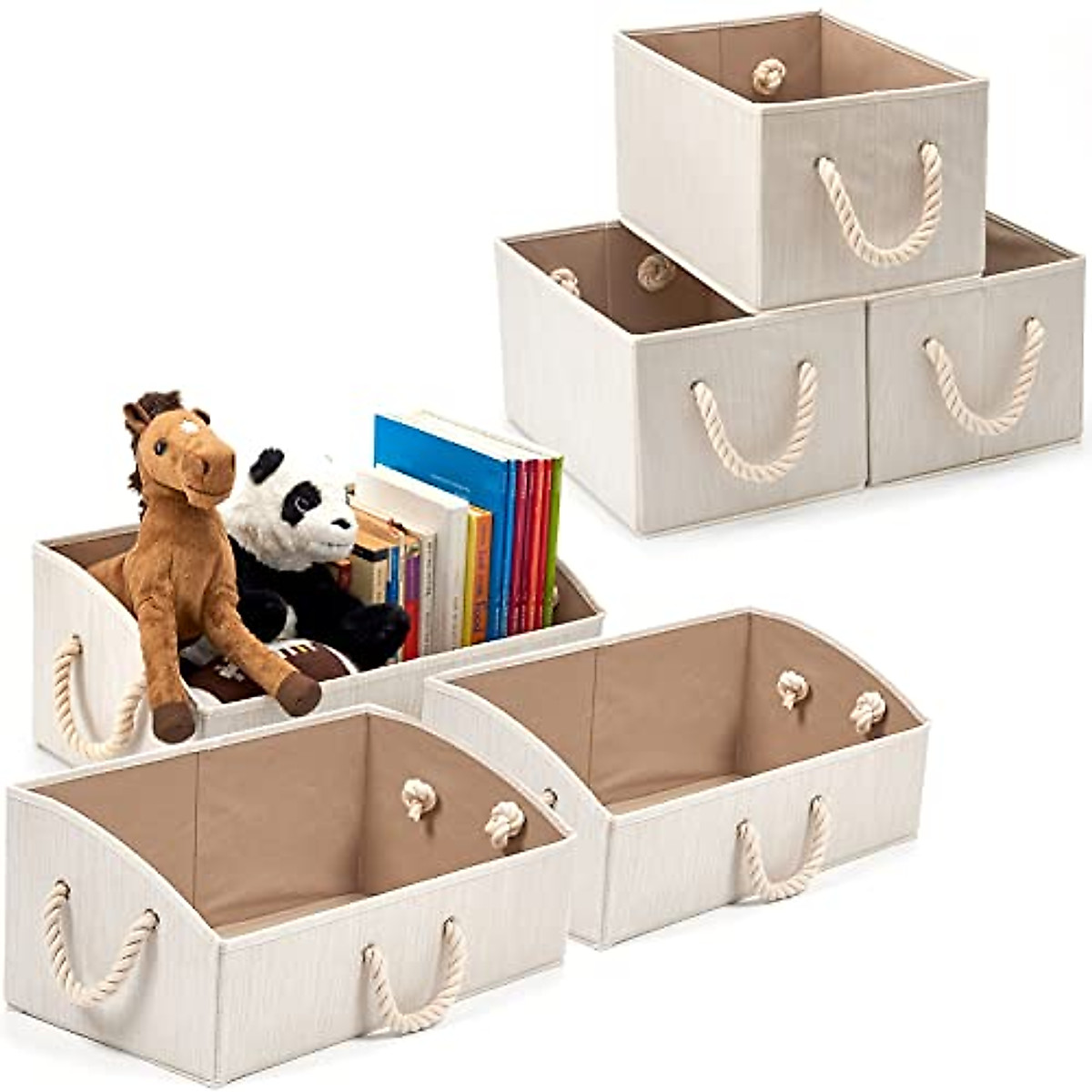 EZOWare Set of 6 Large Storage Bins Foldable Fabric Organizer Boxes with Cotton Rope Handle, Collapsible Basket for Closet, Baby Toys, Diaper - Beige
