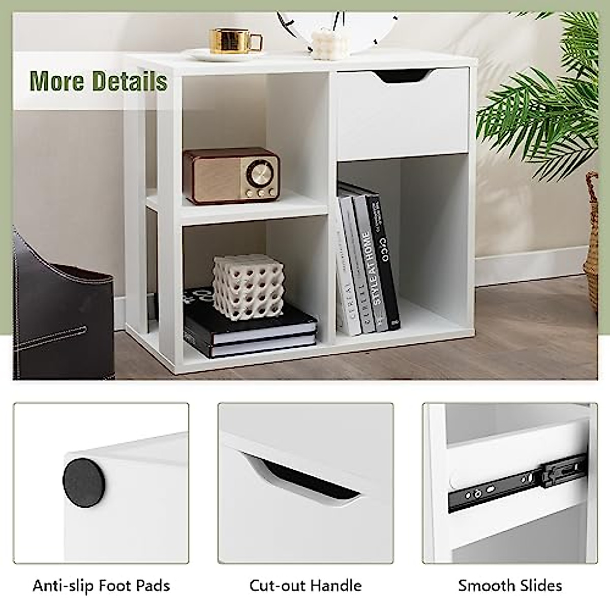 Giantex 3 Cube Bookcase with Drawer White, 21" Wooden Floor Standing Storage Organizer w/Open Storage Cabinet, Freestanding Display Shelf for Bedroom Living Room Kid’s Playroom Reading Nook (1)