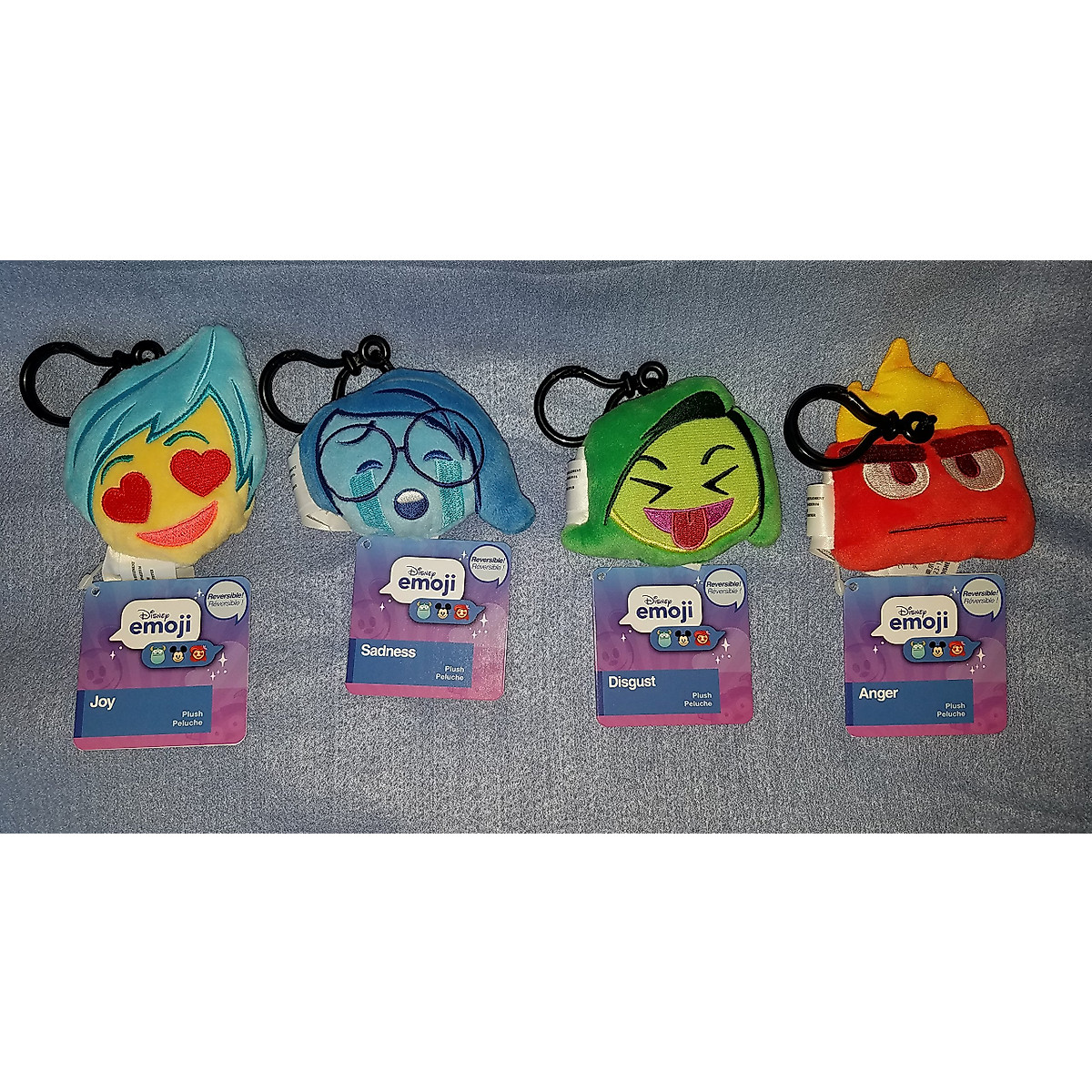 Global Horizons Disney Inside Out Reversible Plush Emoji Backpack Clip Keychain Set: Joy - Sadness - Anger - Disgust