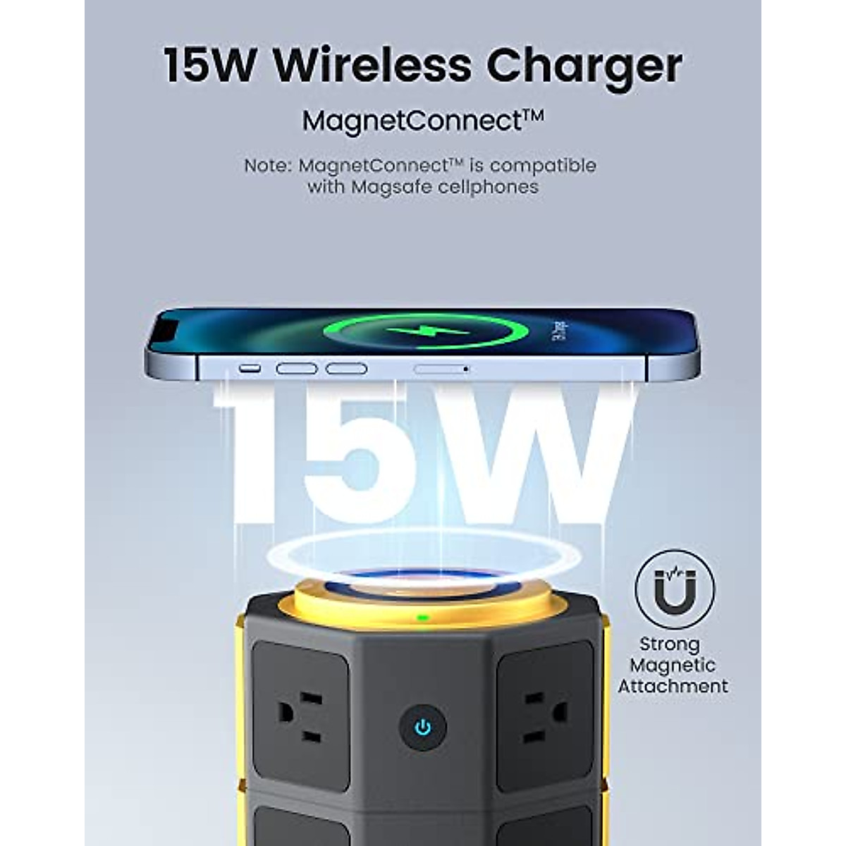 Power Strip Tower, SUPERDANNY Surge Protector Tower with 15W Magnetic Wireless Charger, 1050J, 13A Charging Station with 12 AC Outlets & 6 USB Ports, 6.5ft Extension Cord for Home Office, Gold