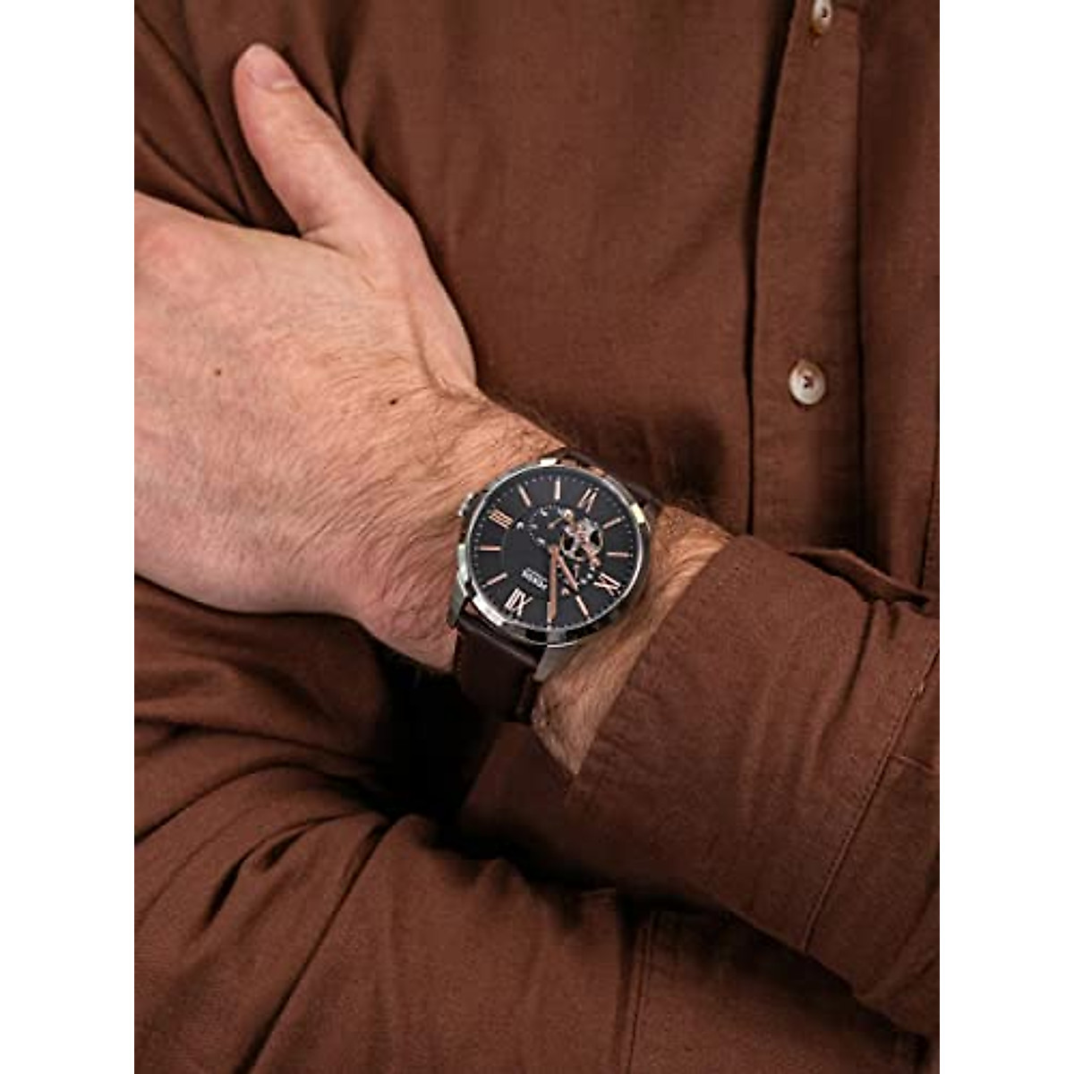 Fossil Men's Townsman Automatic Stainless Steel and Leather Two-Hand Skeleton Watch, Color: Silver, Brown (Model: ME3061)
