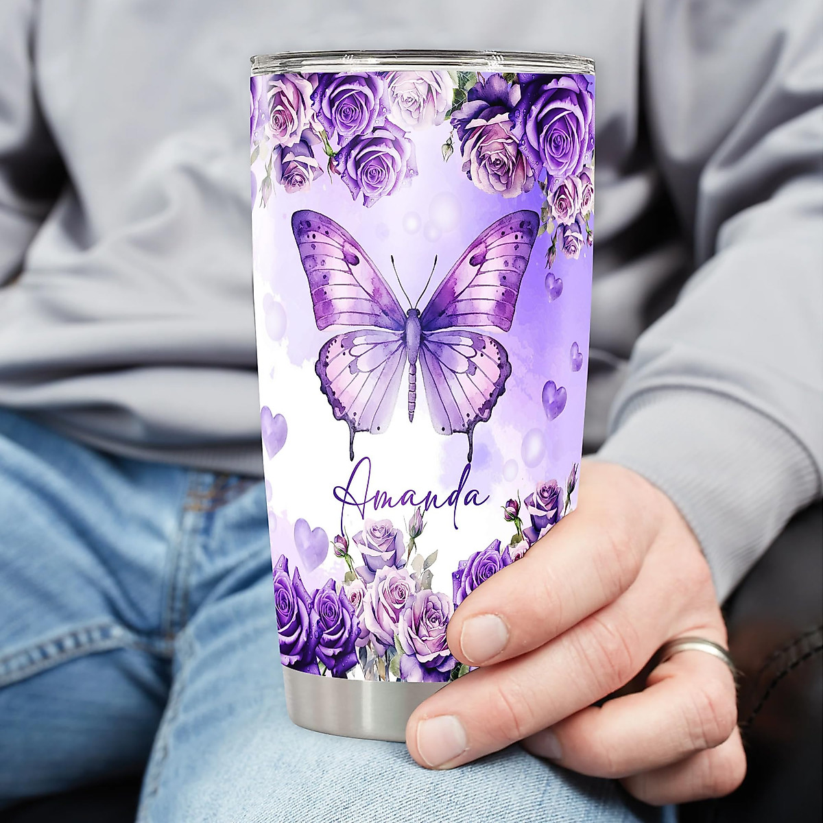 Dorric Personalized Christian Tumbler Purple Butterfly Travel Coffee Mug Insulated Cup with Lid Stainless Steel 20 30 oz Religious Gifts for Women Friend Sister Aunt Christmas Birthday