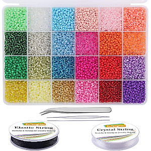 EuTengHao 13200Pcs Glass Seed Beads Small Craft Beads Small Beads for DIY Bracelet Necklaces Crafting Jewelry Making Supplies with Two 0.6mm Clear Bracelet String (3mm, 550 Per Color, 24 Colors)