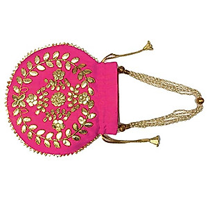 Ekavya Potli Bag Jewelry Coin Pouch Potli Bag Gota Patti Work Potli Bag Batwa Pearls Handle Purse Clutch Purse for Women (Hot Pink)
