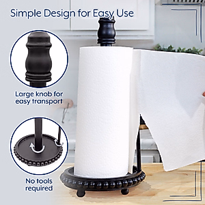 AuldHome Farmhouse Paper Towel Holder (Black); Wooden Beaded Rustic Disposable Towel Dispenser for Countertop